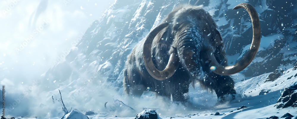 Massive woolly mammoth with impressively long tusks traversing through ...
