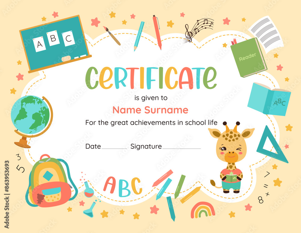 Back to school playful frame background. Elementary school certificate ...