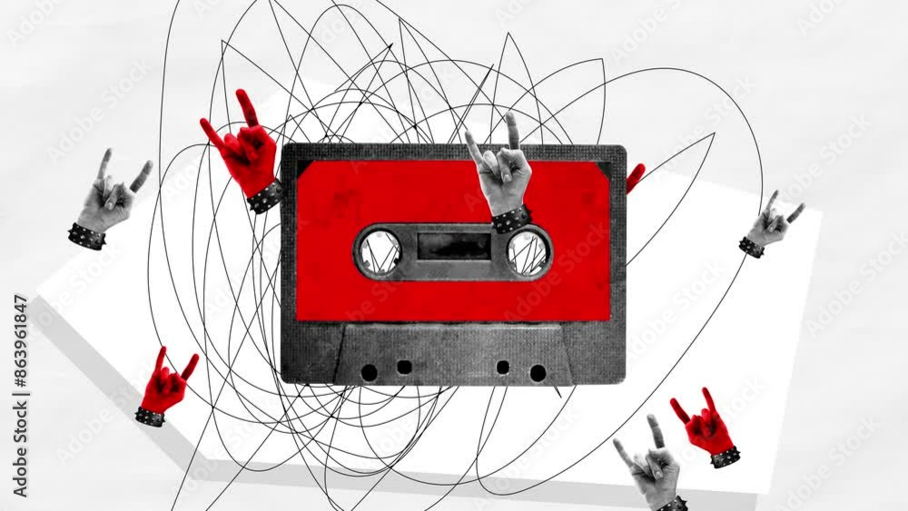 Rock and roll music. Stop motion, animation. Human hands showing ...