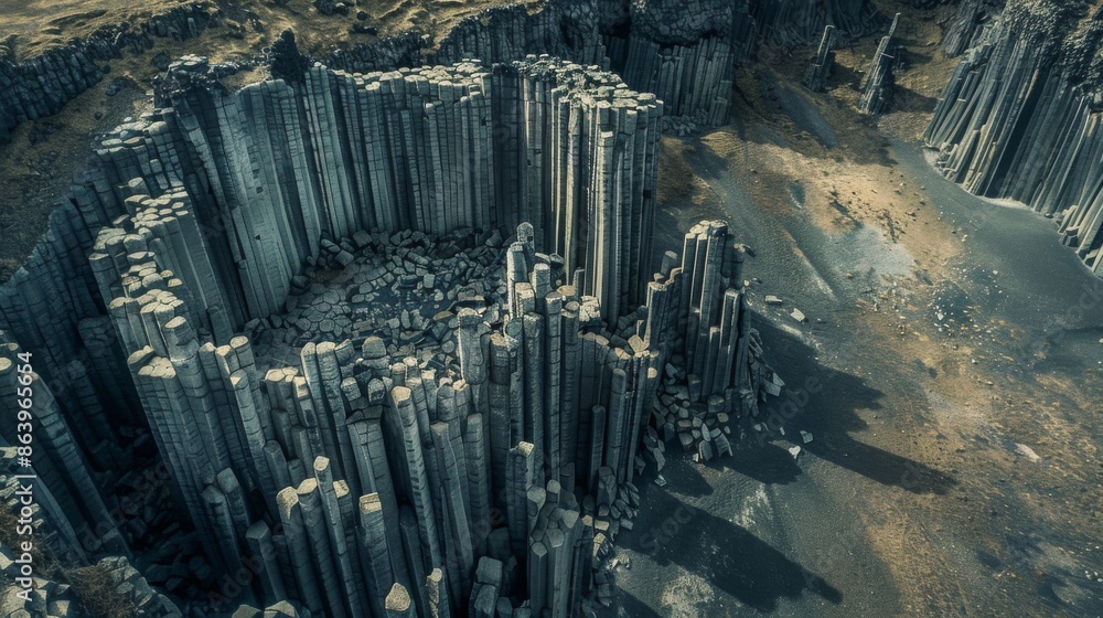 vast landscape of columnar basalt formations. The image captures the ...