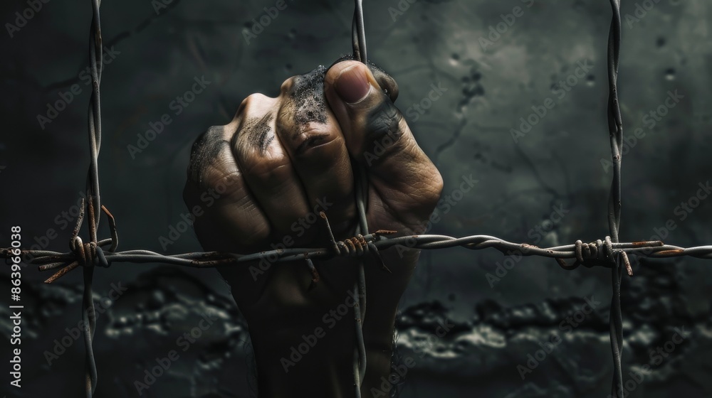 A clenched fist breaking through a barbed wire fence, symbolizing ...