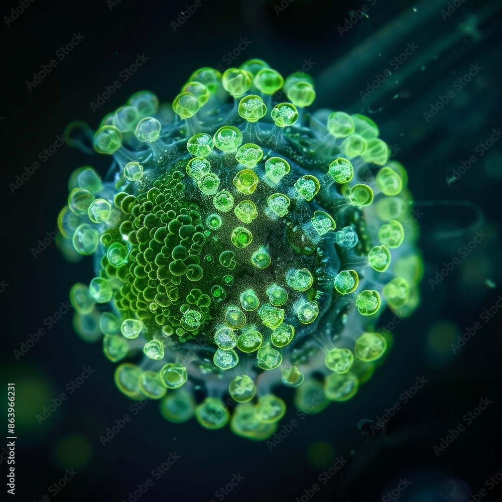 macro photograph of a single Volvox colony under a microscope ...