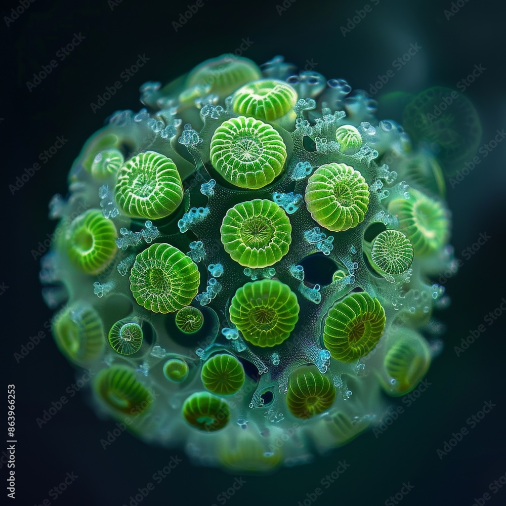 macro photograph of a single Volvox colony under a microscope ...