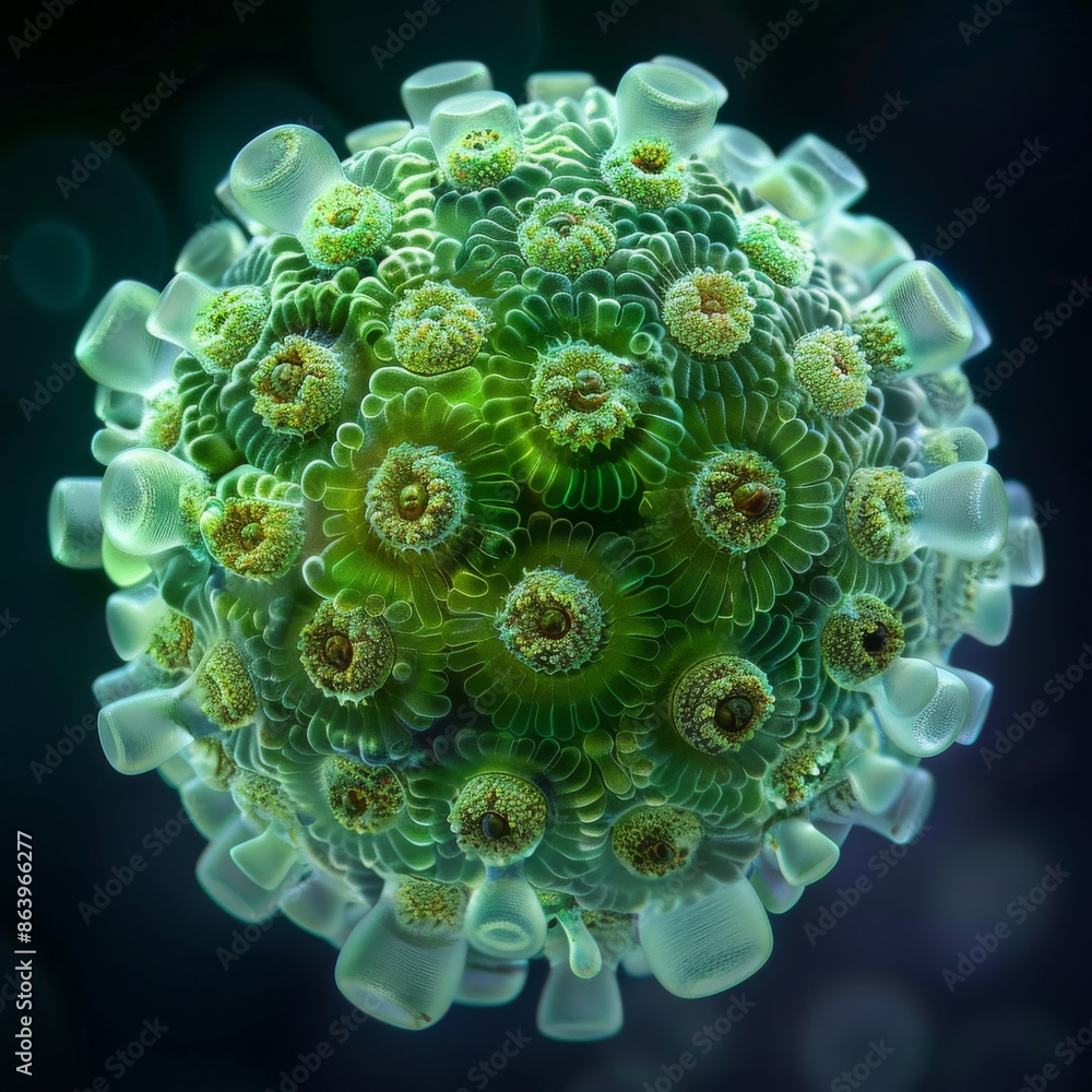 macro photograph of a single Volvox colony under a microscope ...