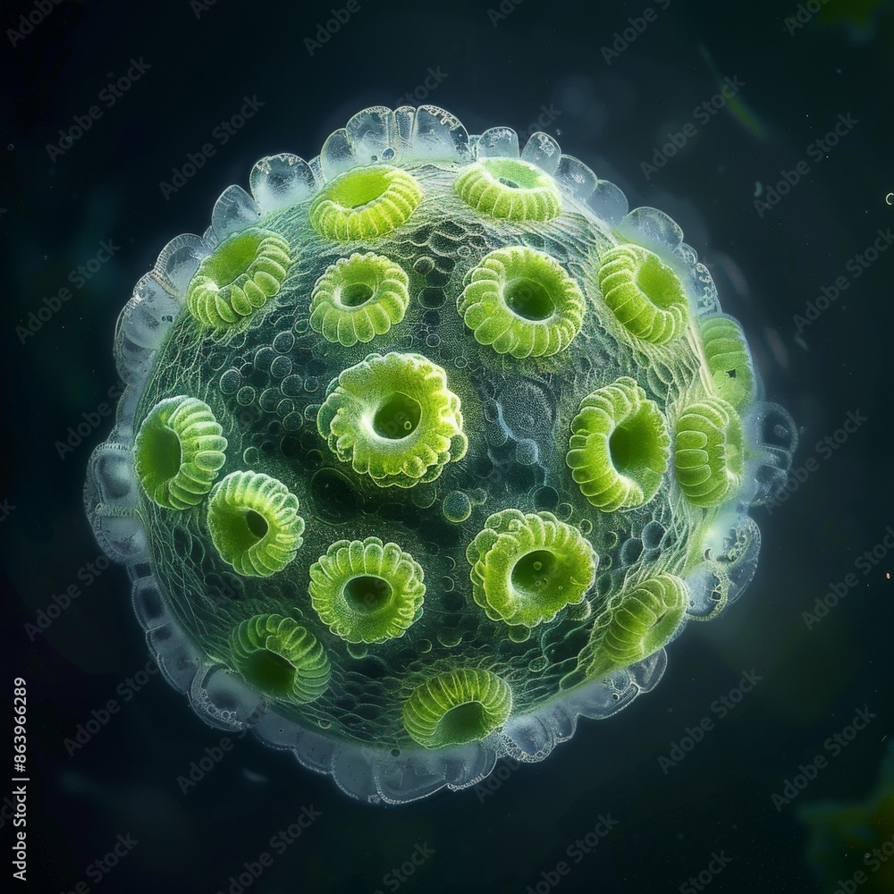 macro photograph of a single Volvox colony under a microscope ...