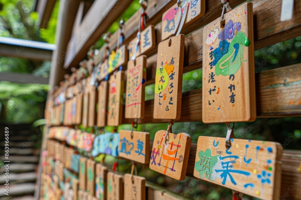 ema, wooden wishing boards, hanging at a Shinto shrine. Each board is ...