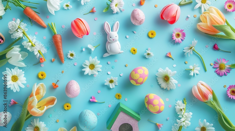 Bright and Colorful Easter Scene with Flowers, Eggs, and Bunny on Blue ...