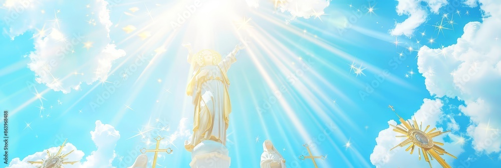 Heavenly light shining upon golden statues and symbols - Heavenly light ...