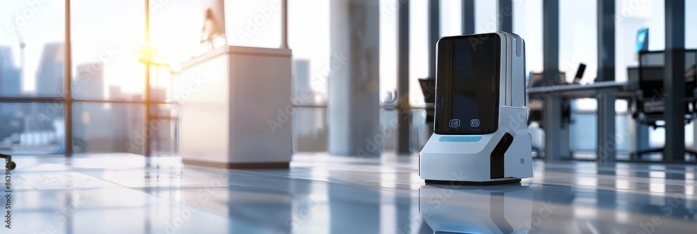Robotic floor cleaner operating in a bright, modern office. - Robotic ...