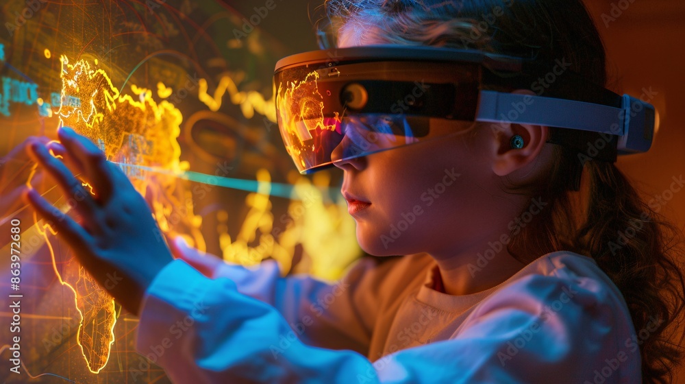 A child wearing AR glasses, exploring a holographic map for a geography ...