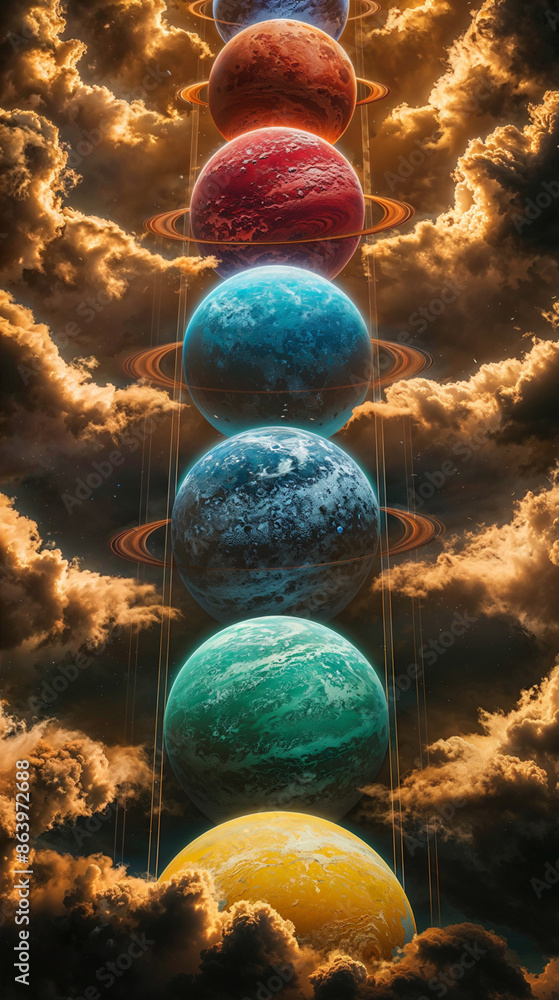 Unique outer space concept featuring aligned planets in various colors ...