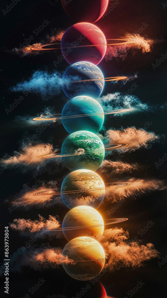 Unique astronomy concept featuring an alignment of planets of various ...