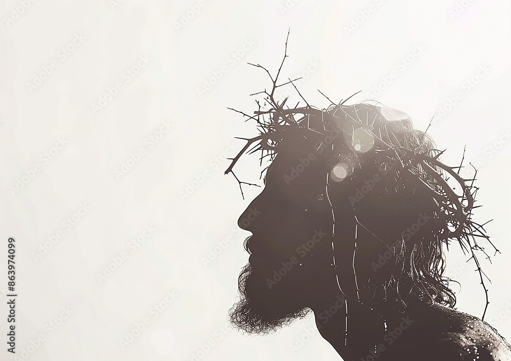 Profile of Jesus Christ with a crown of thorns, interwoven with a cross ...