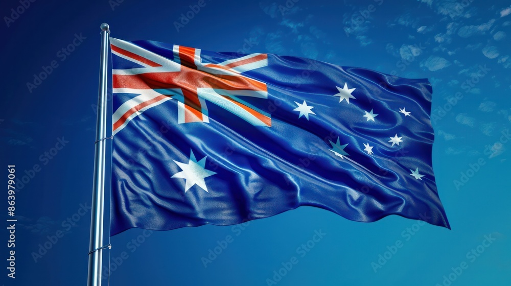Australian flag waving in the clear blue sky, showcasing the Union Jack ...