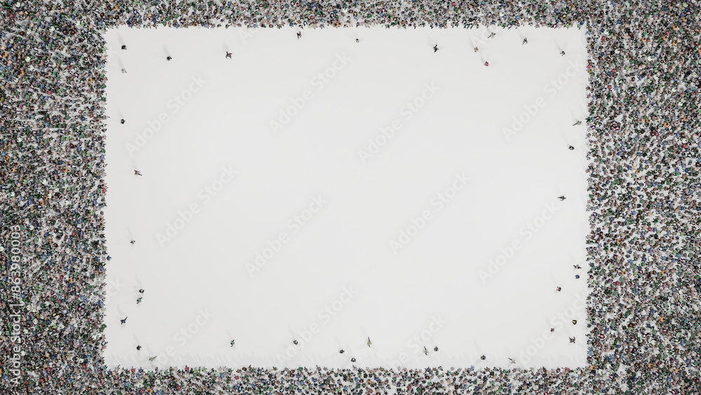 Large group of people stand together and forming rectangle shape frame ...