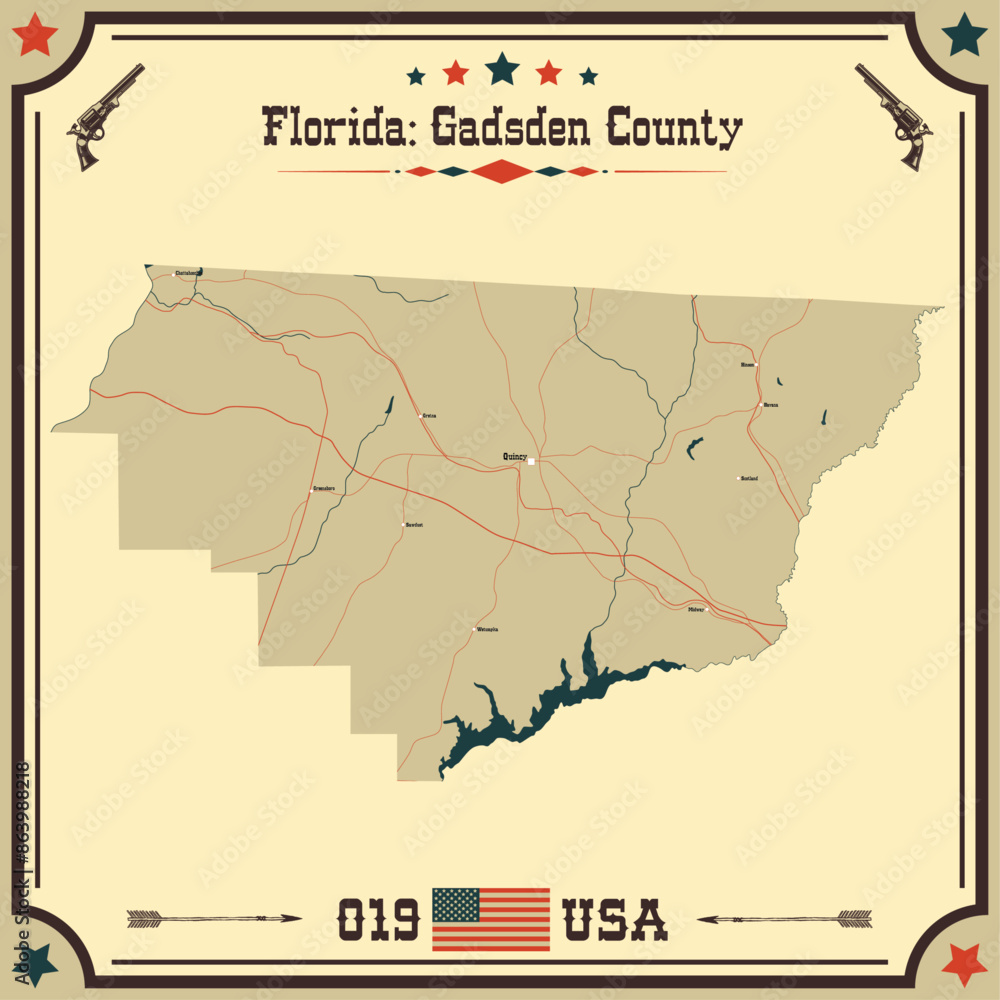 Large and accurate map of Gadsden County, Florida, USA with vintage ...