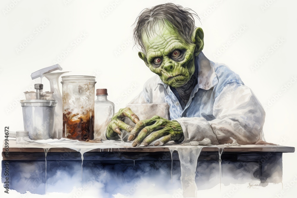 The Creature's Lab - A green-skinned humanoid creature sits at a lab ...