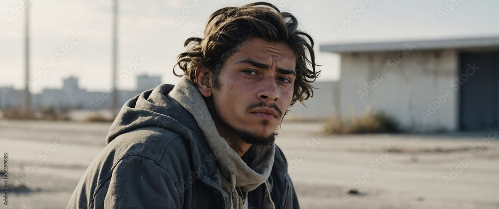 young homeless guy on plain white background for banner with copy space ...