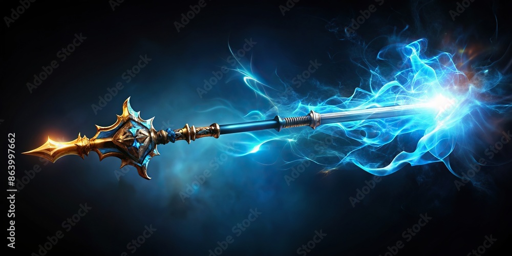 Fantasy weapon emitting energy glow on a dark background, fantasy ...