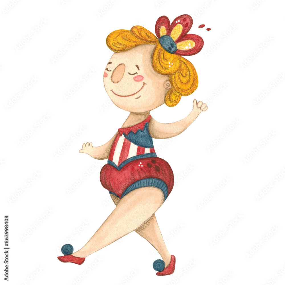 A girl in a beautiful retro circus costume with blond hair. Watercolor ...