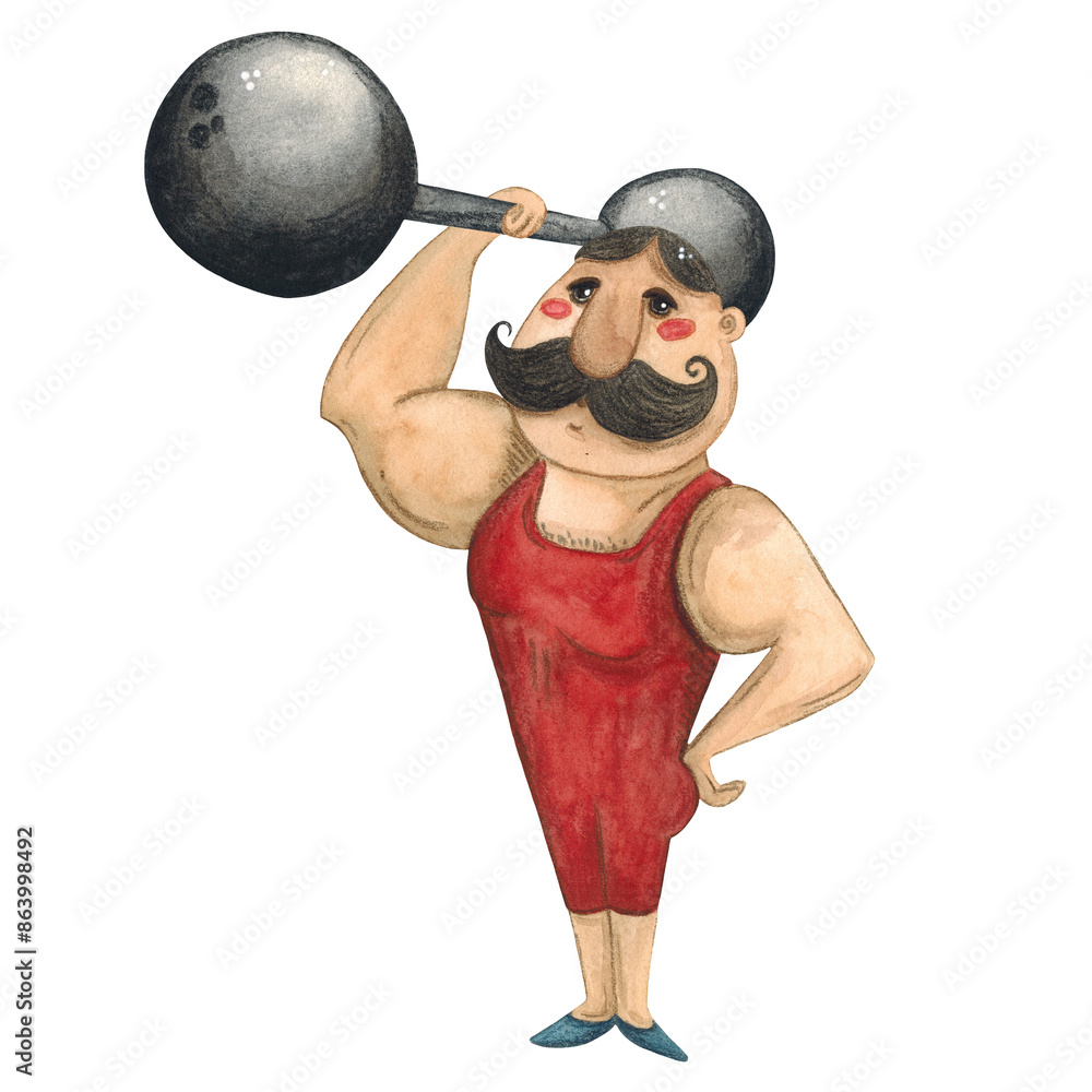 Circus strongman, a very strong man in a red retro swimsuit holds a ...