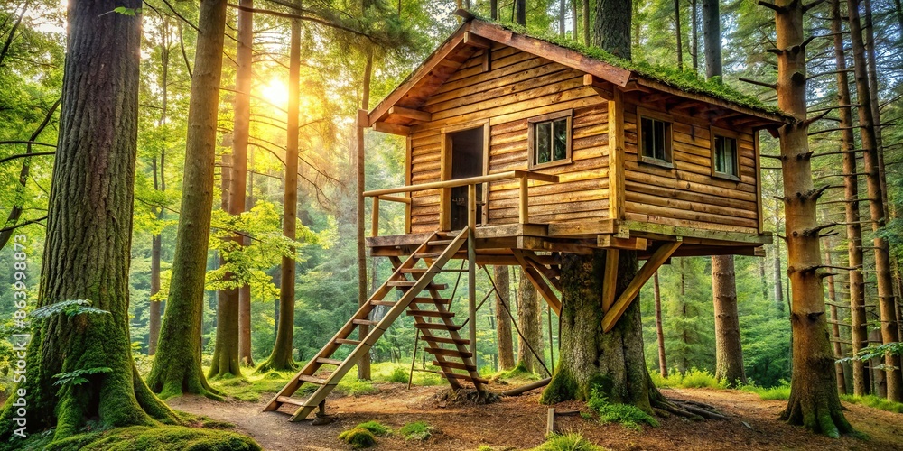 Tree house in the forest with rope ladder and wooden walls, tree house ...