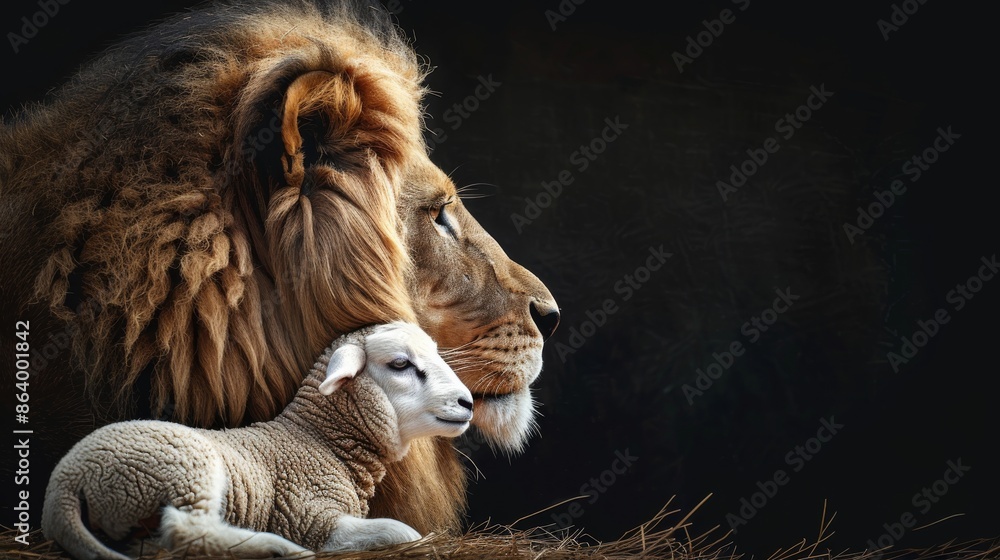 A close-up photograph capturing a lion and a lamb peacefully resting ...