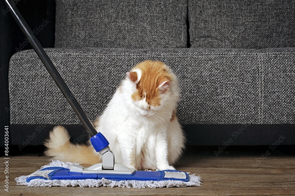 Cute longhair cat looking curious to the mop for cleaning the floor ...
