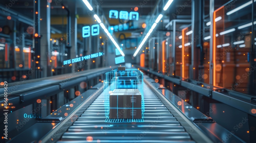 Innovative conveyor belt system, parcels moving under holographic data ...