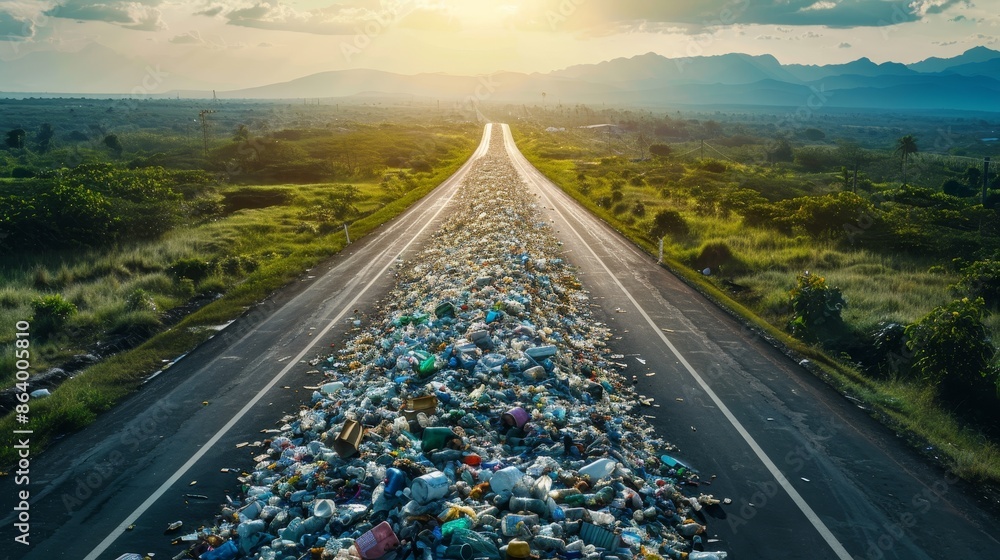 Long road stretching to a towering pile of plastic waste, illustrating ...