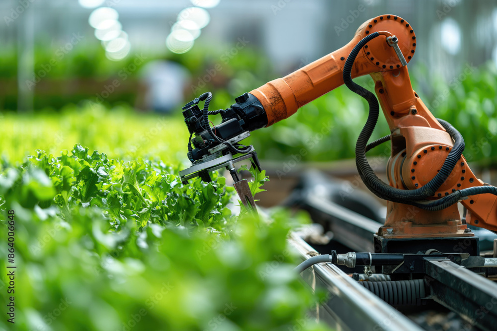 Robotic arm harvesting crops in a greenhouse. Advanced farming ...