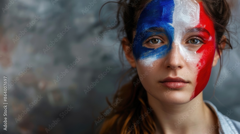 Painting depicting a woman's face with the French flag painted on it ...