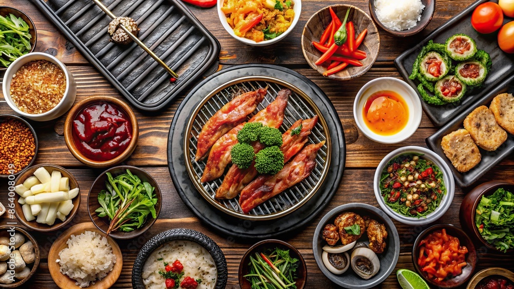 Traditional Korean BBQ spread with various side dishes for a communal ...