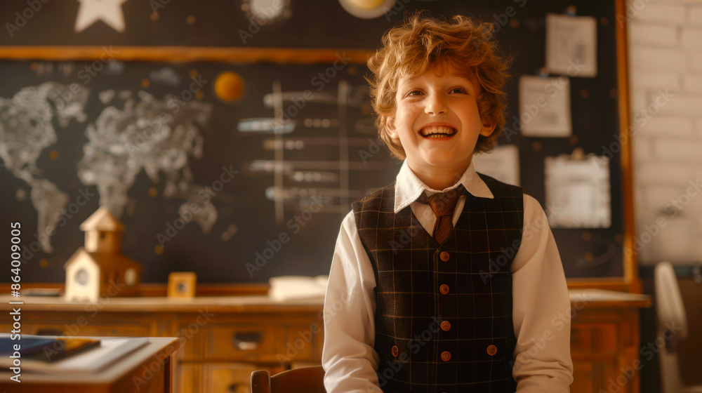 Back to school. A cheerful little boy in a white shirt, tie and vest ...