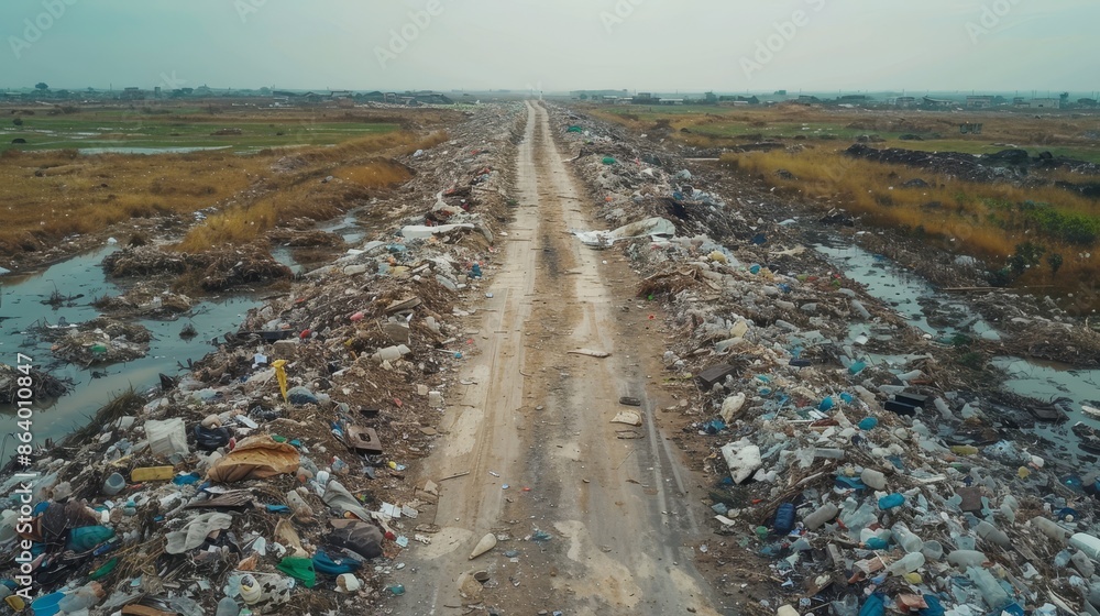 Road to a vast garbage heap, filled with plastic waste, emphasizing ...