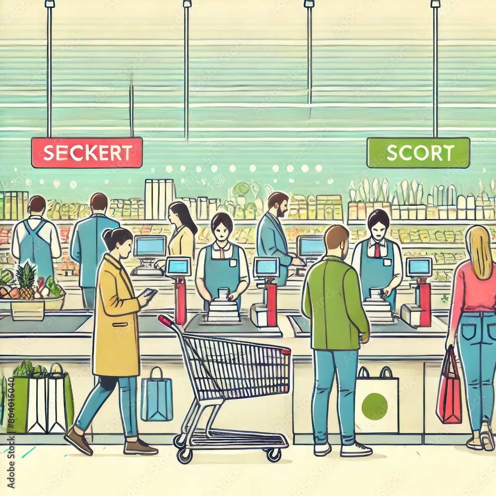 Cartoon Supermarket Checkout Scene with Customers and Cashiers, AI ...