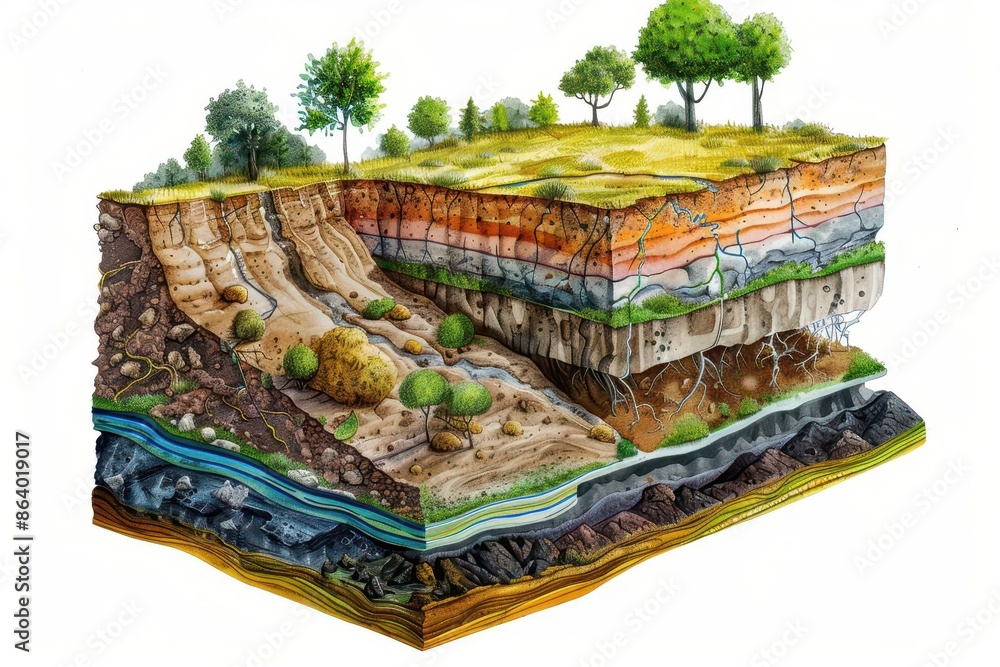 scientific crosssection illustration of aquifer layers using vibrant ...