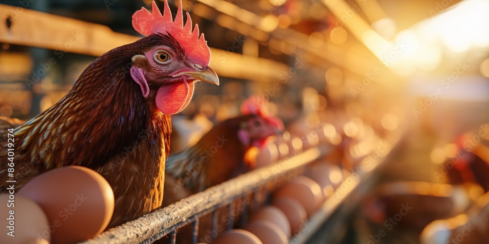 Chicken in an egg-laying facility at sunrise. Close-up view of a hen in ...