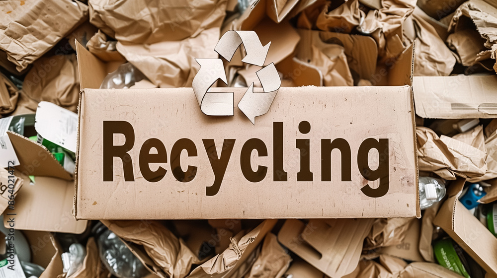 Cardboard sign with a recycling symbol amid a heap of crumpled ...