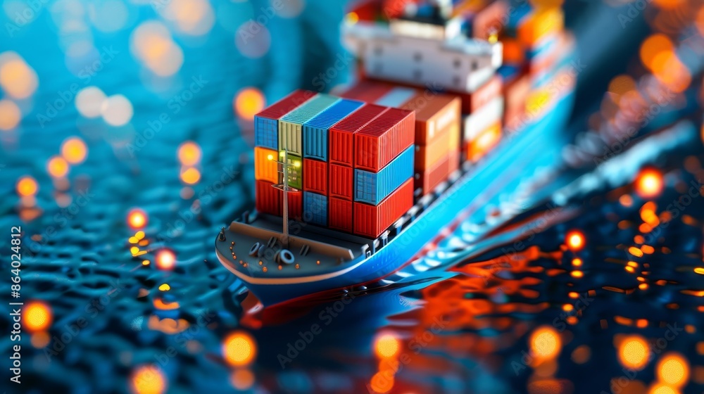 cargo ship at night with abstract lights, container ship sailing in the ...