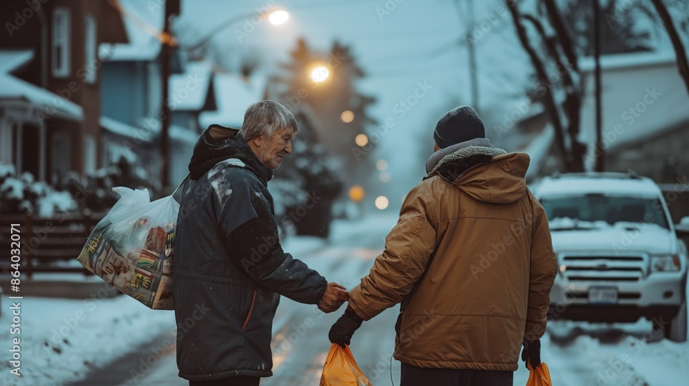 Man helps his elderly neighbor carry groceries, showing kindness and ...