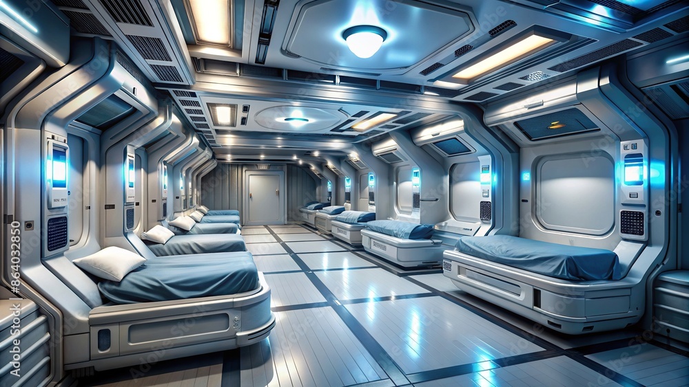 Futuristic sleeping pods in a spaceship interior , space travel, cosmic ...