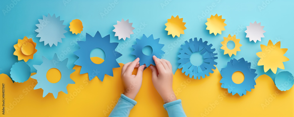 Child hands connecting cog wheels made out of cut paper. Unity and ...