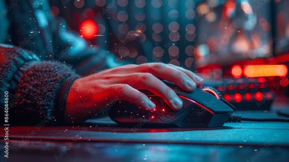 Gamer Hand on RGB Gaming Mouse in Dark Room Stock Illustration | Adobe ...