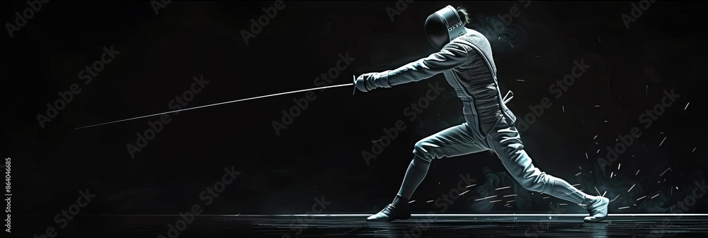 Long shot panoramic view of a fencer, elegant stance, sharp rapier ...