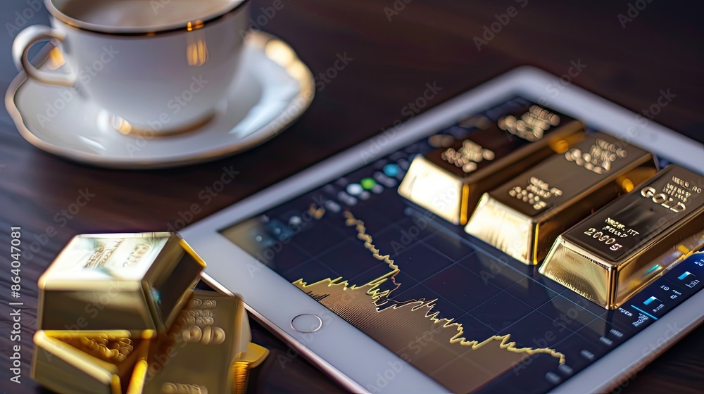 Gold bars positioned next to a tablet with a detailed financial chart ...