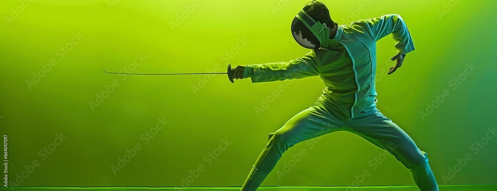 Side view, energetic young man, fencer, with smallsword, practicing ...