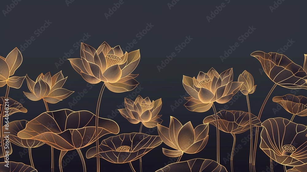 Luxurious background design with golden lotus. Lotus flowers line arts ...