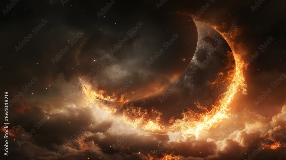 Celestial crescent body with a radiant fiery glow on the right ...