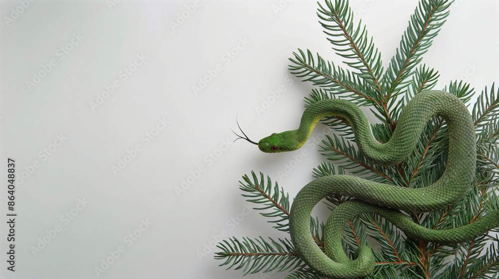 Green snake coiled on pine branches with tongue flicking out ...